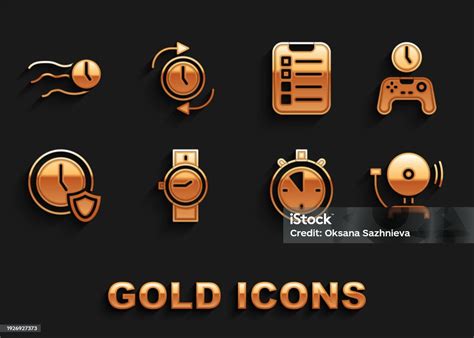 손목 시계 시간의 게임 패드 울리는 알람 벨 스톱워치 방패가있는 시계 할 일 목록 또는 계획 시계와 화살표 아이콘에 시간이 날아갑니다 벡터 Brand Name Video