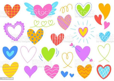 귀여운 심장 요소 장식 발렌타인 데이 사랑 낭만적 인 색상 다채로운 레인보우 라인 양식 낙서 만화 손 그리기 스케치 벡터 일러스트 레이 션 팩 세트 번들 컬렉션 곡선에 대한