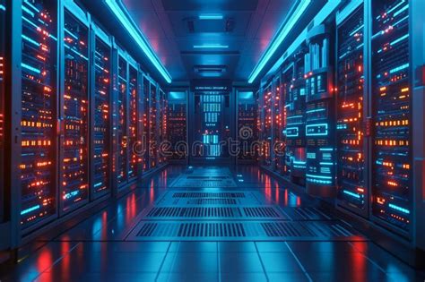 a server room filled with rows of servers in a data center stock image