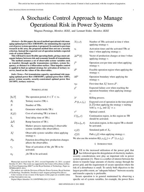 Pdf A Stochastic Control Approach To Manage Operational Risk In Power Systems