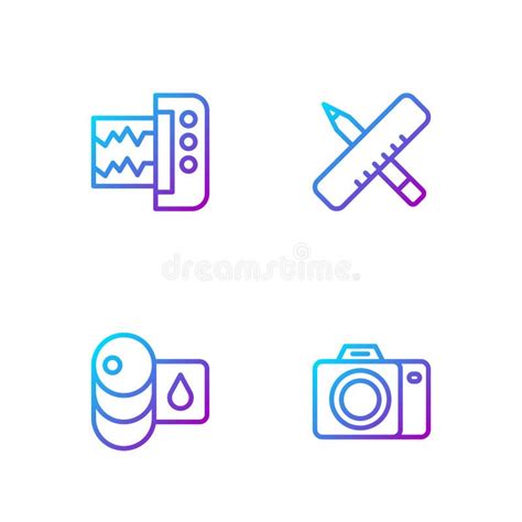 Set Line Photo Camera Barrel Oil Seismograph And Crossed Ruler And Pencil Gradient Color