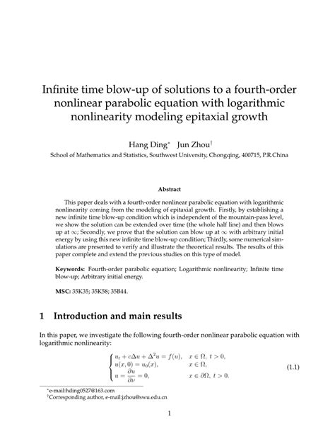 Pdf Infinite Time Blow Up Of Solutions To A Fourth Order Nonlinear