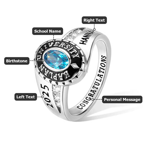 Custom Woman Birthstone School Class Ring With Engraved Text High School University Graduation