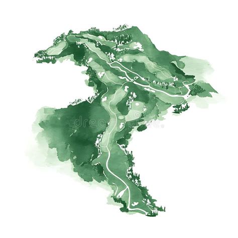 Artistic Watercolor Golf Course Map On A Lush Green Hill Stock