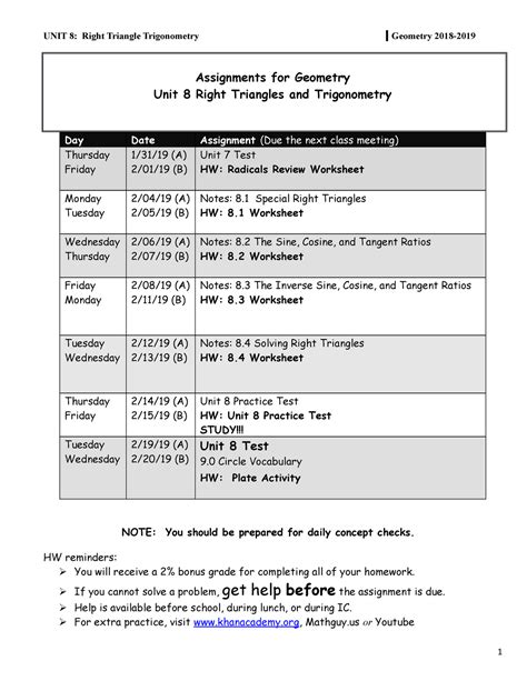 Geom Unit Teacher Notes Assignments For Geometry Unit Right Triangles And