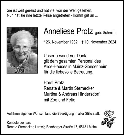 Traueranzeigen Von Anneliese Protz Vrm Trauerde