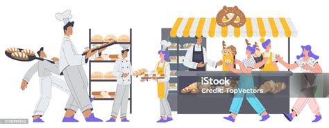 빵집 와 사람들 제빵사 캐릭터 에서 제복 굽기 와 판매 빵 와 생과자 벡터 일러스트 빵에 대한 스톡 벡터 아트 및 기타 이미지