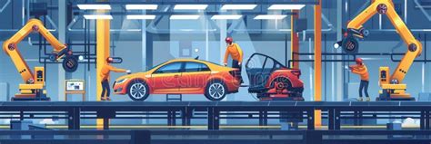 An Illustration Depicting A Dynamic Car Assembly Line With Workers And