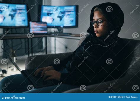 Hacker Woman With Laptop And Information Technology Global Network