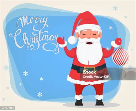 메리 크리스마스 그리고 새 해 복 많이 인사말 카드 산타 크리스마스 트리 장식 들고 웃 고 재미 있는 만화 캐릭터입니다 벡터 일러스트입니다 12월에 대한 스톡 벡터 아트 및