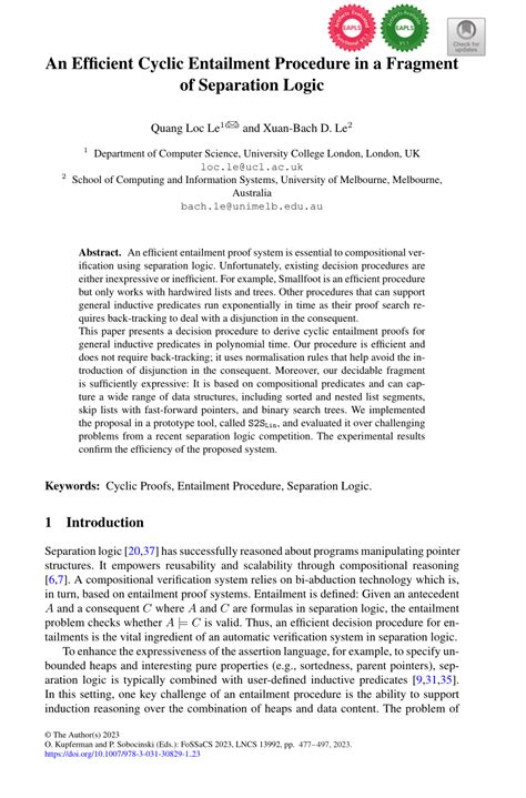 Pdf An Efficient Cyclic Entailment Procedure In A Fragment Of Separation Logic