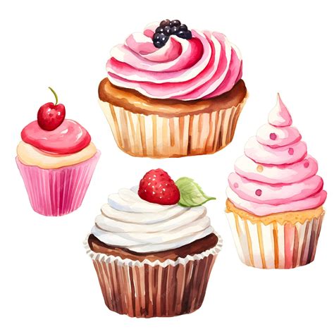 수채화 컵 케이크 클립 아트 컬렉션 프리미엄 벡터