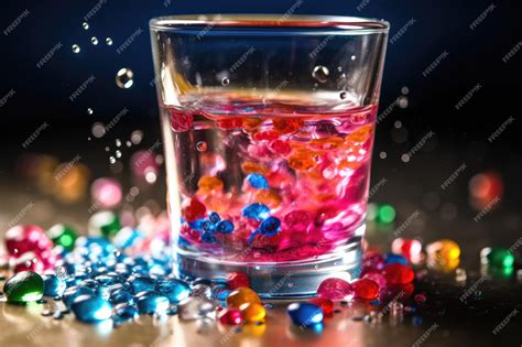Premium Ai Image Microplastic Floating In A Glass Of Water Surrounded By Colorful Drops
