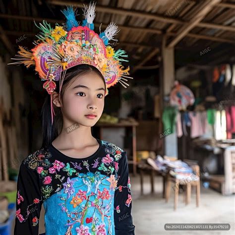 Ai创作图苗族小姑娘 侗族童帽 侗族少女 少数名族少女 壮乡小女孩 壮族姑娘头饰 黎家少女 苗族少女 长角苗少女 广西壮家女孩 毛南族少女