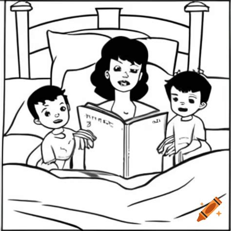 Comic Book Style Drawing Of Mother Reading Bedtime Story To Two Sons On