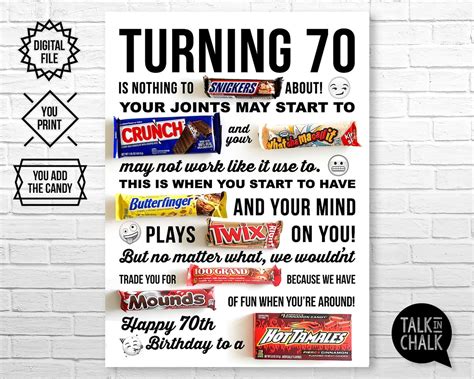 70th Birthday Printable Candy Poster Birthday Candy Sign Etsy Candy