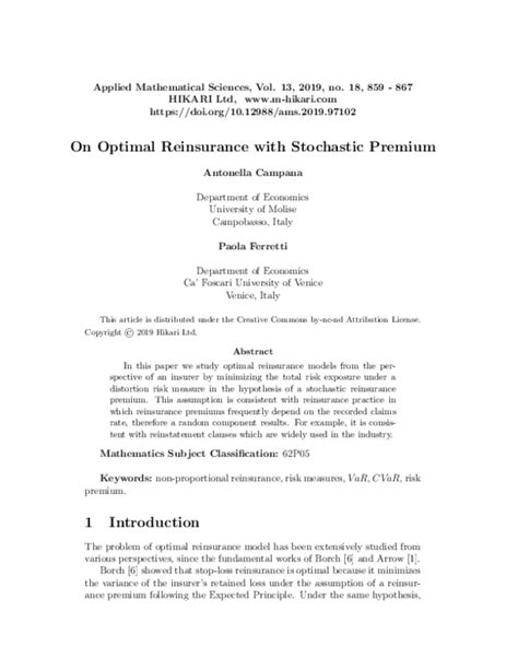 Pdf On Optimal Reinsurance With Stochastic Premium