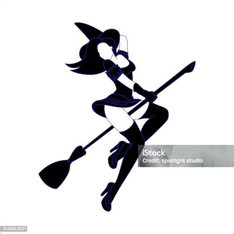 할로윈 테마 캐릭터 실루엣 빗자루 손으로 그린 실루엣이있는 마녀 빗자루가있는 에벨 여성의 실루엣 고립 된 배경에 할로윈 Isilhouette 10월에 대한 스톡 벡터 아트