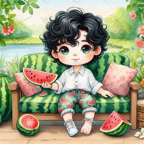 بک گراند کودکانه پسر بچه با نمک هندونه به دست نشسته روی مبل هندونه ای کد 43092 ویژه عکس گراف