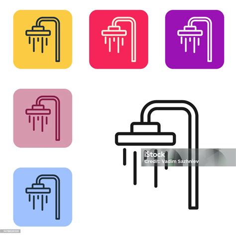 흰색 배경에 고립 된 물 방울이 흐르는 검은 줄 샤워 헤드 색상 정사각형 단추로 아이콘을 설정합니다 벡터 검은색에 대한 스톡 벡터 아트 및 기타 이미지 Istock