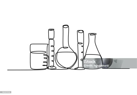 화학 과학 플라스크를 그리기 연속 라인 아트 과학 기술 연구 의학 유리 장비 디자인 하나의 스케치 개요 드로잉 벡터 일러스트 실험실에 대한 스톡 벡터 아트 및 기타 이미지