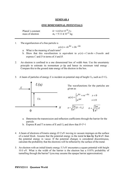 Seminar 4 One Dimensional Potentials Phys22111 Quantum World Ux Uo E X 0 Seminar 4 One
