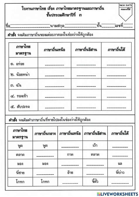ภาษาไทยมาตรฐานและภาษาถิ่น ใบงานที่ 1 Worksheet สุขสันต์วันแม่ การ