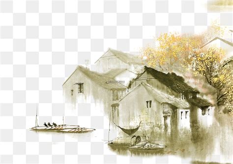 中国风乡村雨米生活情调水墨画草屋渔船舒适自然透明PNG素材