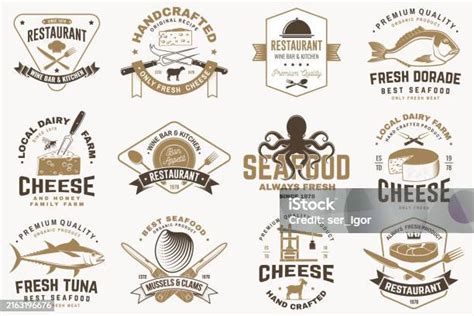 치즈 가족 농장 해산물 및 레스토랑 복고풍 배지 세트 벡터 해산물 상징 간판 패치 셔츠 치즈 참치 송어 새우 문어 게 홍합 및 조개를 곁들인 메뉴 레스토랑 갈고리 발톱에