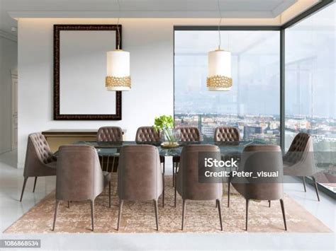 현대 다 이닝 룸 교수형 램프로 있다의 자 대리석 바닥에 멋진 항목 테이블 설치 0명에 대한 스톡 사진 및 기타 이미지 0명 가구 건축 Istock