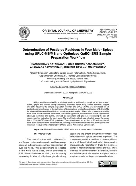 Pdf Determination Of Pesticide Residues In Four Major Spices Using Uplc Ms Ms And Optimized