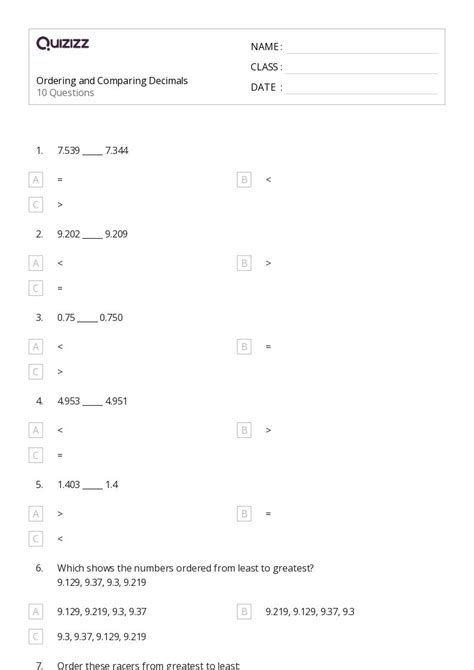50 Comparing Decimals Worksheets For 6th Class On Quizizz Free And Printable