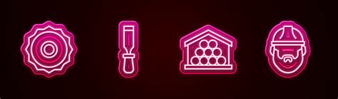 라인 Ircular 톱날 끌 도구 나무 통나무 및 벌목꾼을 설정하십시오 빛나는 네온 아이콘입니다 벡터 강철에 대한 스톡 벡터 아트 및 기타 이미지 Istock