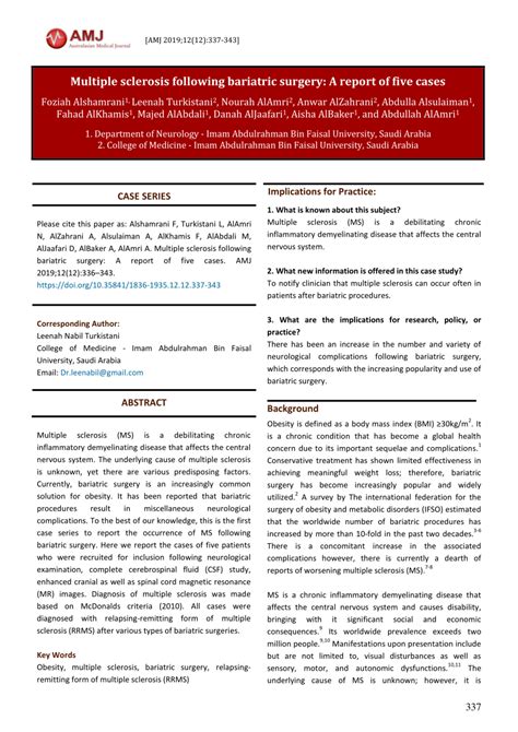 Pdf Multiple Sclerosis Following Bariatric Surgery A Report Of Five Cases