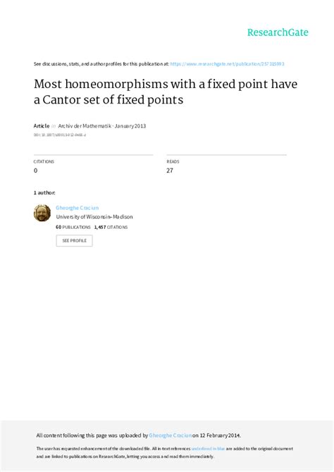 Pdf Most Homeomorphisms With A Fixed Point Have A Cantor Set Of Fixed Points