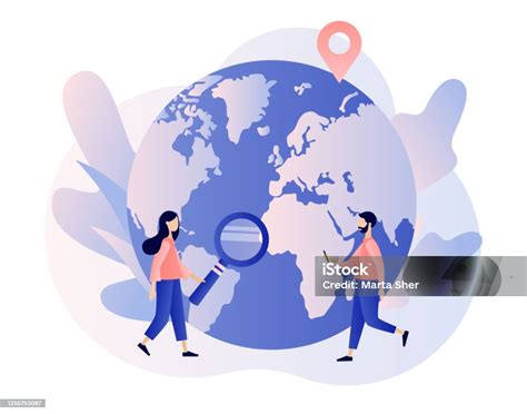 세계지도 작은 사람들은 큰 지구에 아틀라스 지구를 공부합니다 지리 개념 세계화 현대 플랫 만화 스타일 흰색 배경의 벡터 그림