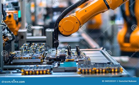 Robot Arm Assembling Components On A Circuit Board Industrial Setting Stock Illustration