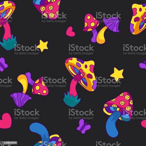 사이키델산 레이브 이음새가 없는 패턴 트리피 버섯과 웃는 이모티콘 아트 컨셉을 복고풍 스타일의 프린트 벡터 만화 일러스트 레이