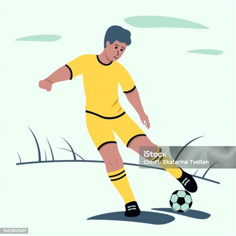 파란 머리를 가진 소년은 플랫 스타일의 축구 선수와 축구 벡터 일러스트 레이 션을 연주하고 있습니다 경기 스포츠에 대한 스톡 벡터 아트 및 기타 이미지 Istock