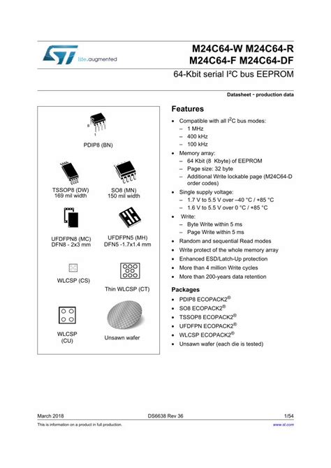 Pdf 64 Kbit Serial I²c Bus Eeprom · 45 Device Addressing Permanently Locked In