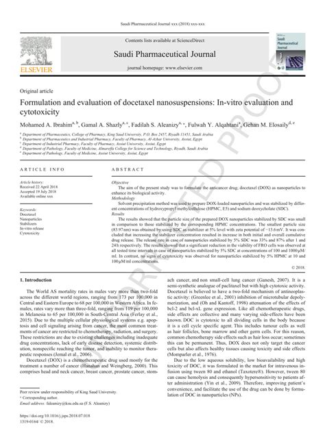 Pdf Formulation And Evaluation Of Docetaxel Nanosuspensions In Vitro Evaluation And Cytotoxicity
