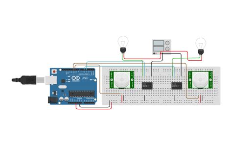 Circuit Design Motion Activated 2 Bulb With 2 Relay Tinkercad