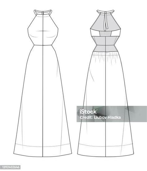 여성 미디 드레스 패션 기술 그리기 템플릿 소녀 민소매 드레스 패션 플랫 스케치 템플릿 코튼 컷 아웃 드레스 패션 캐드 디자인 앞뒤 흰색 0명에 대한 스톡 벡터 아트 및