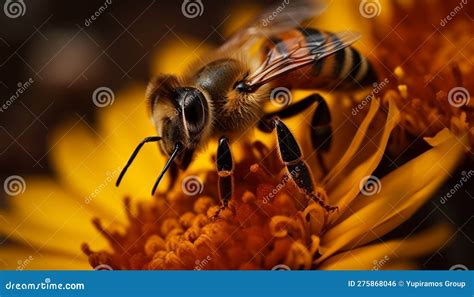 Busy Honey Bee Collecting Pollen From Flower Generated By Ai Stock