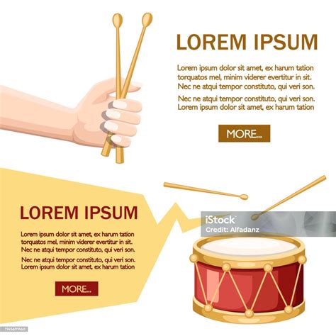 레드 드럼과 나무 드럼 스틱 손으로 잡고 드럼 스틱 악기 드럼 머신 흰색 바탕에 평면 벡터 일러스트 텍스트 빨간색 단추에 대 한