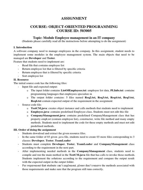 Assignment Course Object Oriented Programming Course Id 503005 Pdf