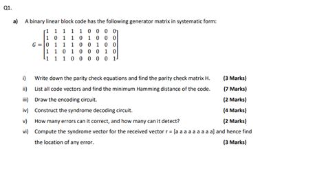 Solved Q1 A A Binary Linear Block Code Has The Following