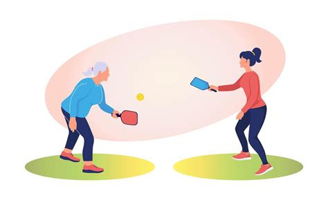 Girl And Elderly Woman Play Pickleball Athlete Human Figure With Racket And Ball Outdoor