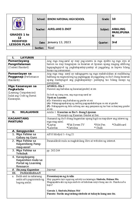 1 Lp Sex At Gender Grades 1 To 12 Modified Lesson Plan School Binoni