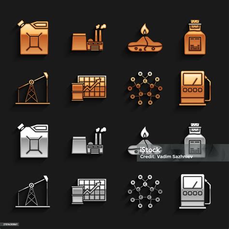 유가 인상 휘발유 시험관 휘발유 또는 주유소 분자 오일 펌프 펌프 잭 알코올 정신 버너 휘발유 및 산업 공장 건물 아이콘 용